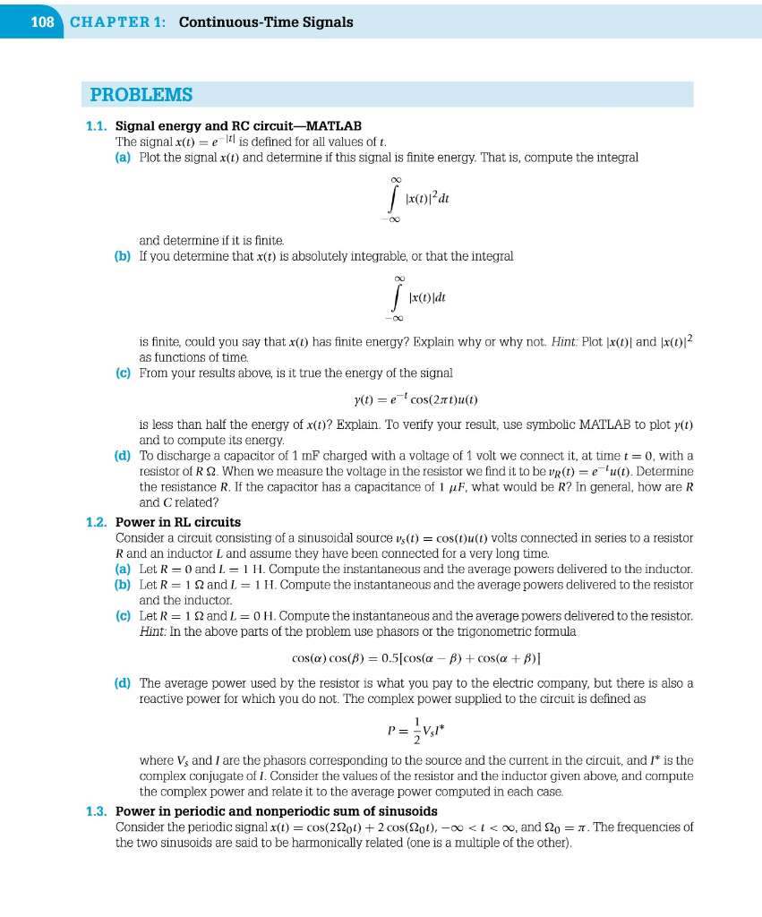108 CHAPTER 1: Continuous-Time Signals PROBLEMS 1.1. | Chegg.com
