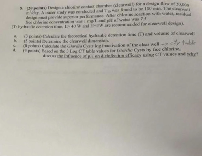 5. (20 points) Design a chlorine contact chamber | Chegg.com
