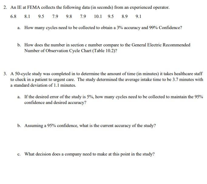 Solved 2. An IE at FEMA collects the following data (in | Chegg.com