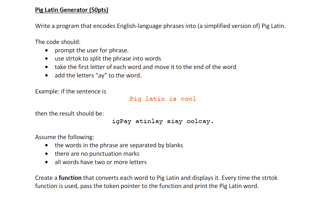 Solved Pig Latin Generator (50pts) Write a program that | Chegg.com