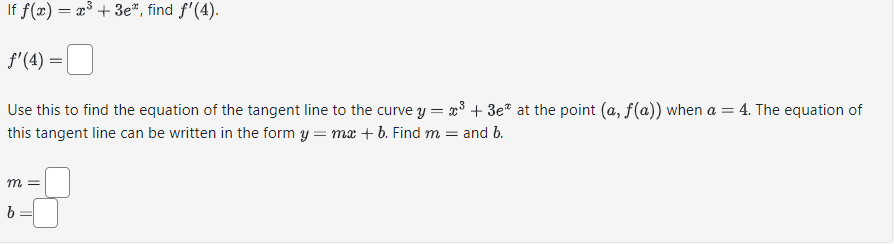 Solved If f(x)=x3+3ex, ﻿find f'(4)f'(4)=Use this to find the | Chegg.com