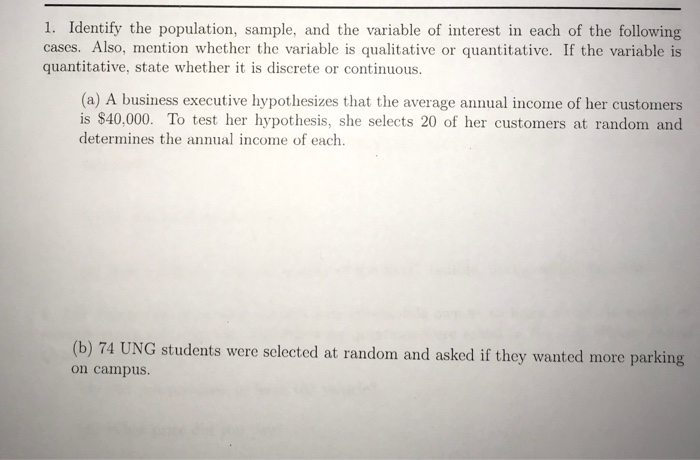 Solved 1. Identify the population, sample, and the variable | Chegg.com