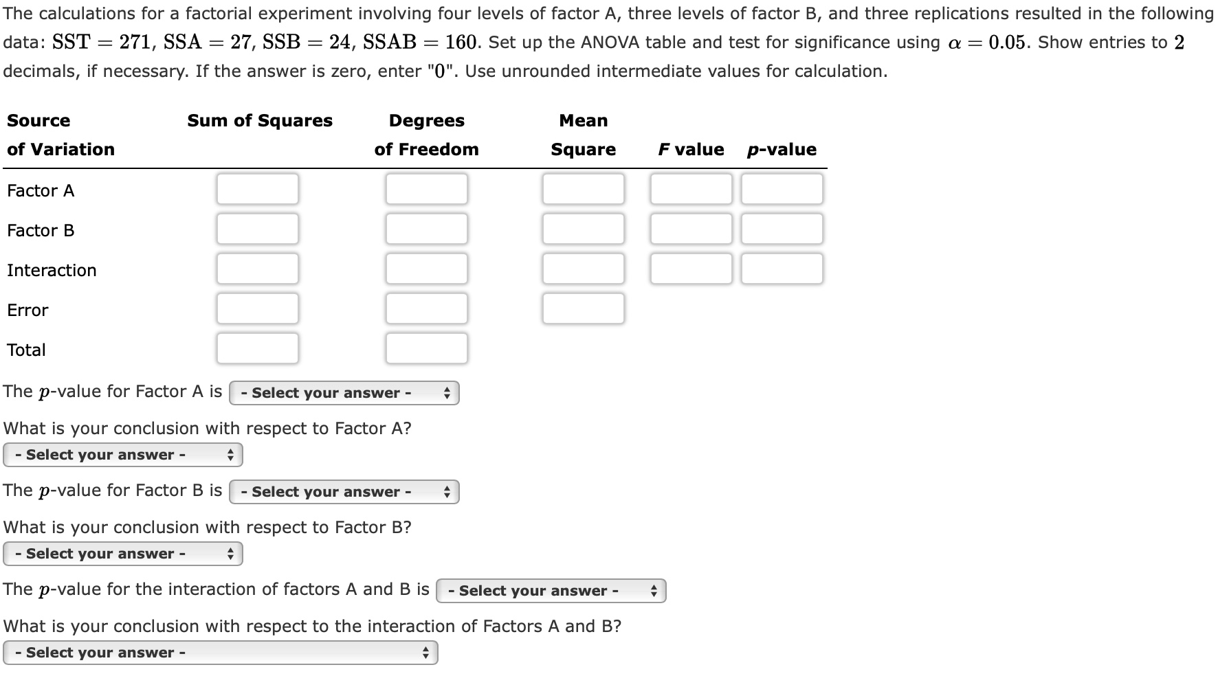 Solved The calculations for a factorial experiment involving | Chegg.com