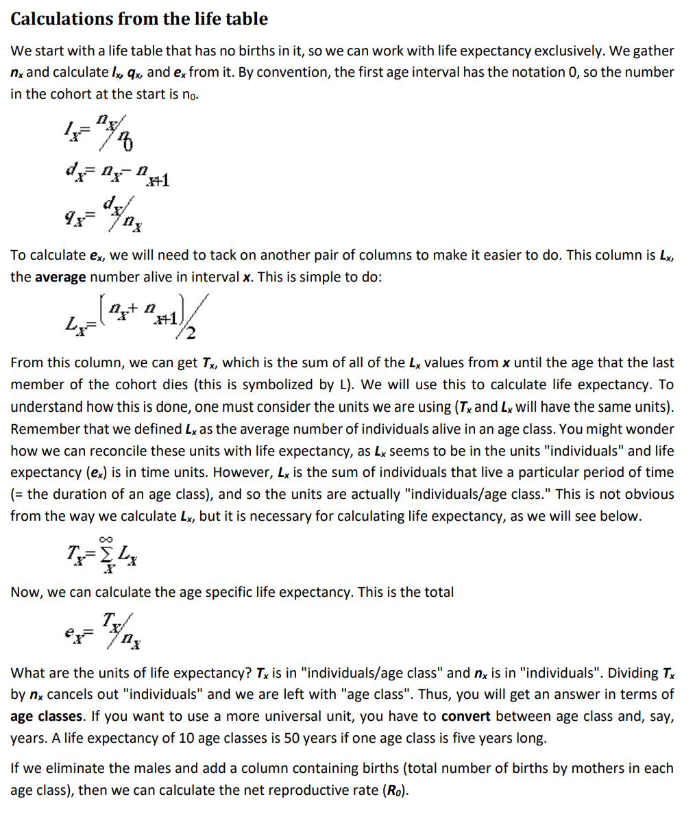 life tables math or sheets/excel functions I need | Chegg.com