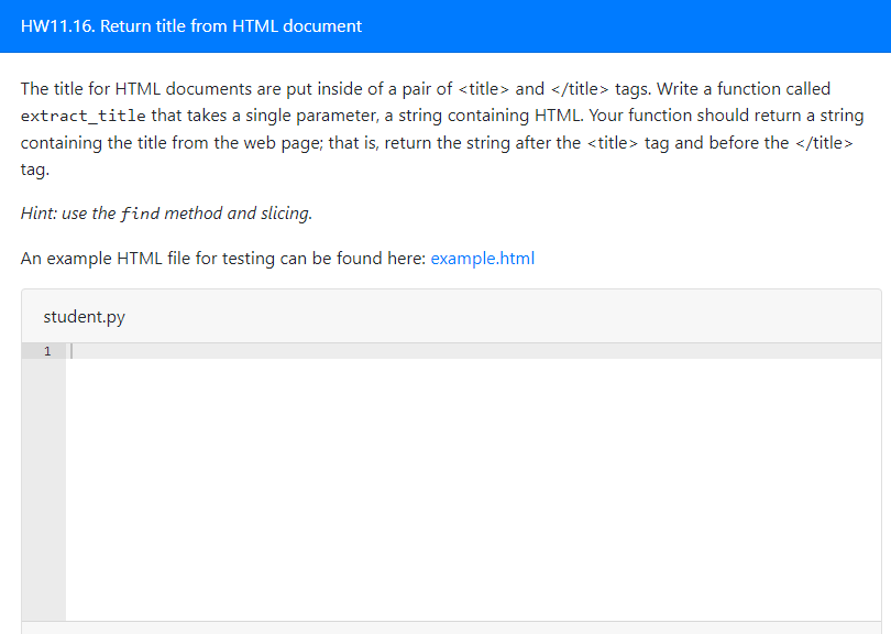 Solved HW11.16. Return title from HTML document The title | Chegg.com