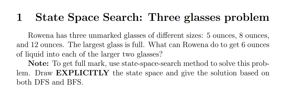 Solved 1 State Space Search: Three glasses problem Rowena | Chegg.com