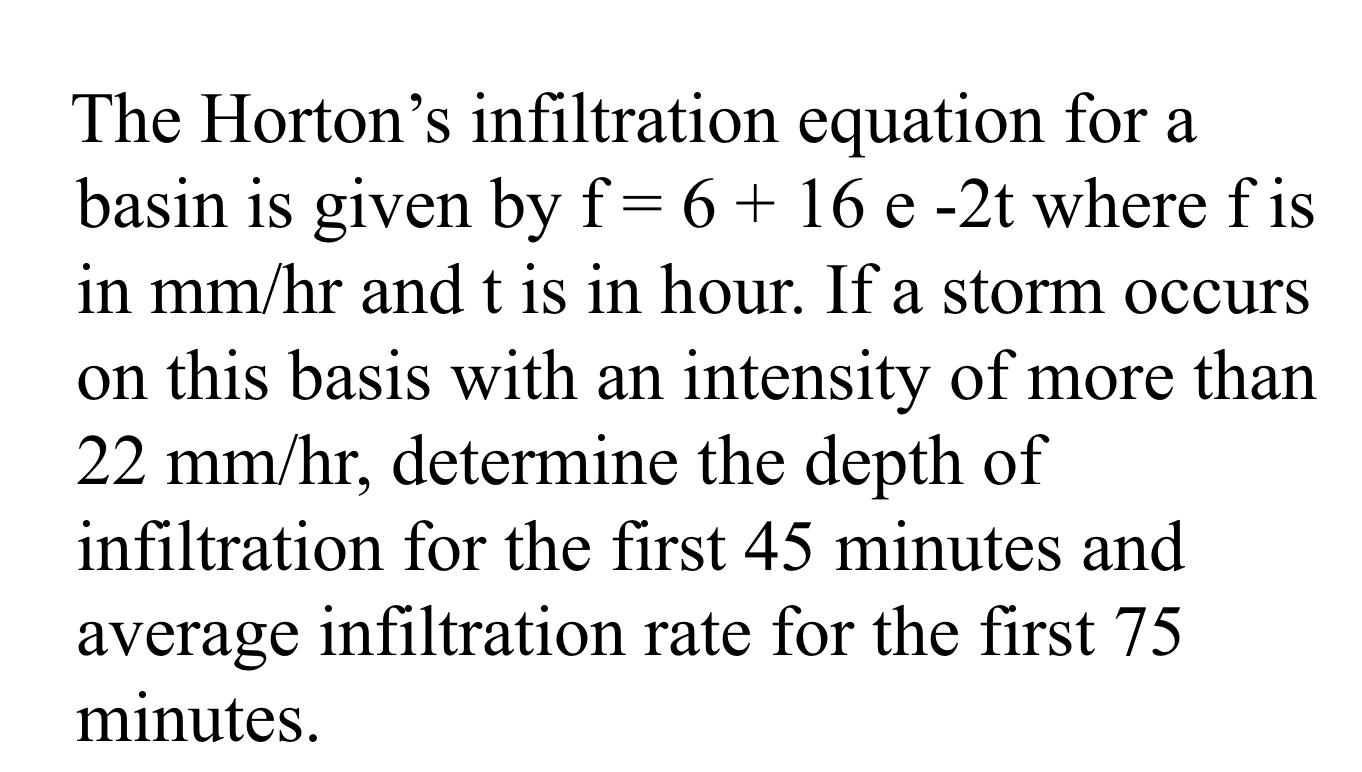 Solved The Horton's infiltration equation for a basin is | Chegg.com