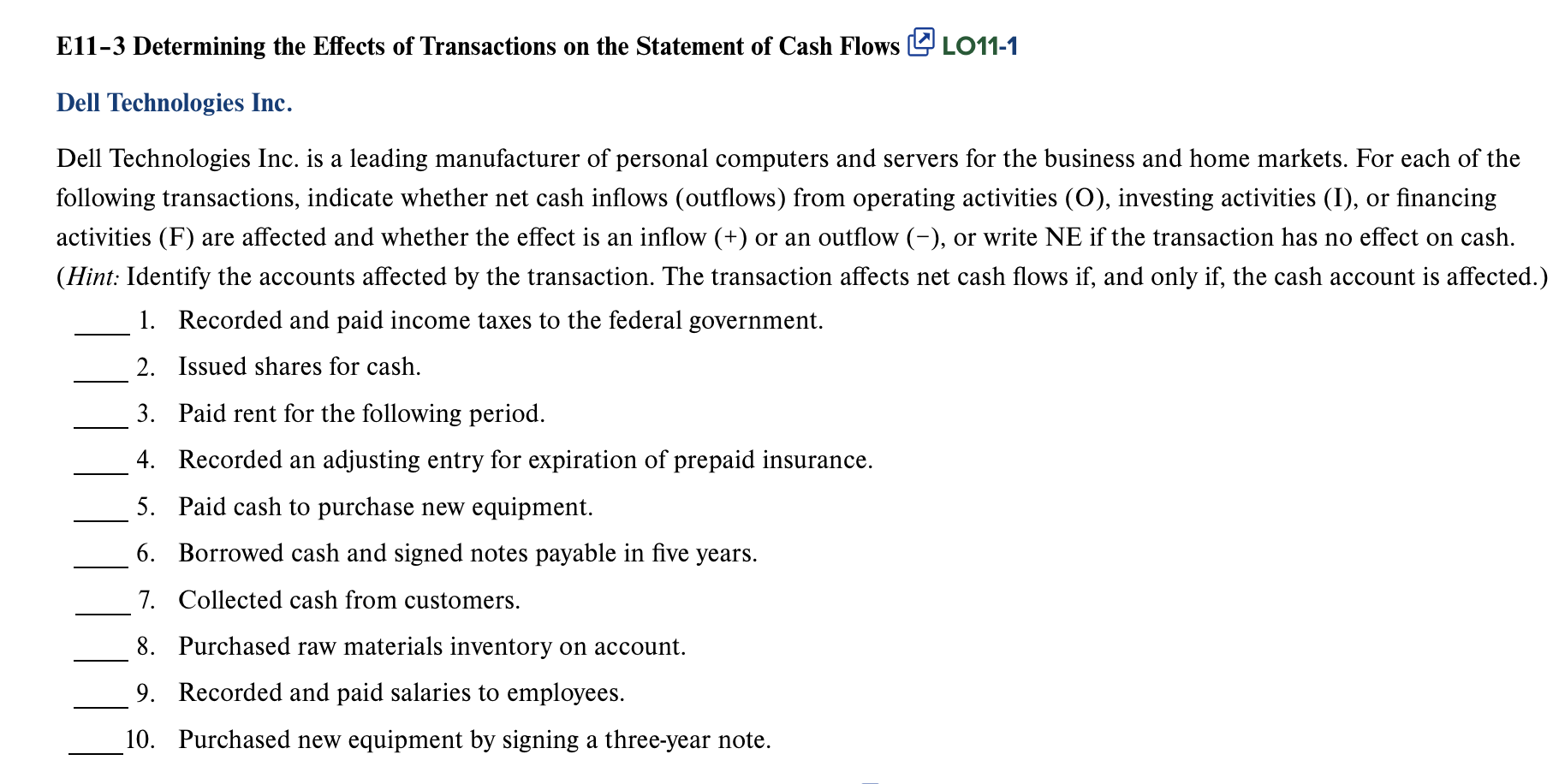 Solved E11-3 Determining the Effects of Transactions on the | Chegg.com