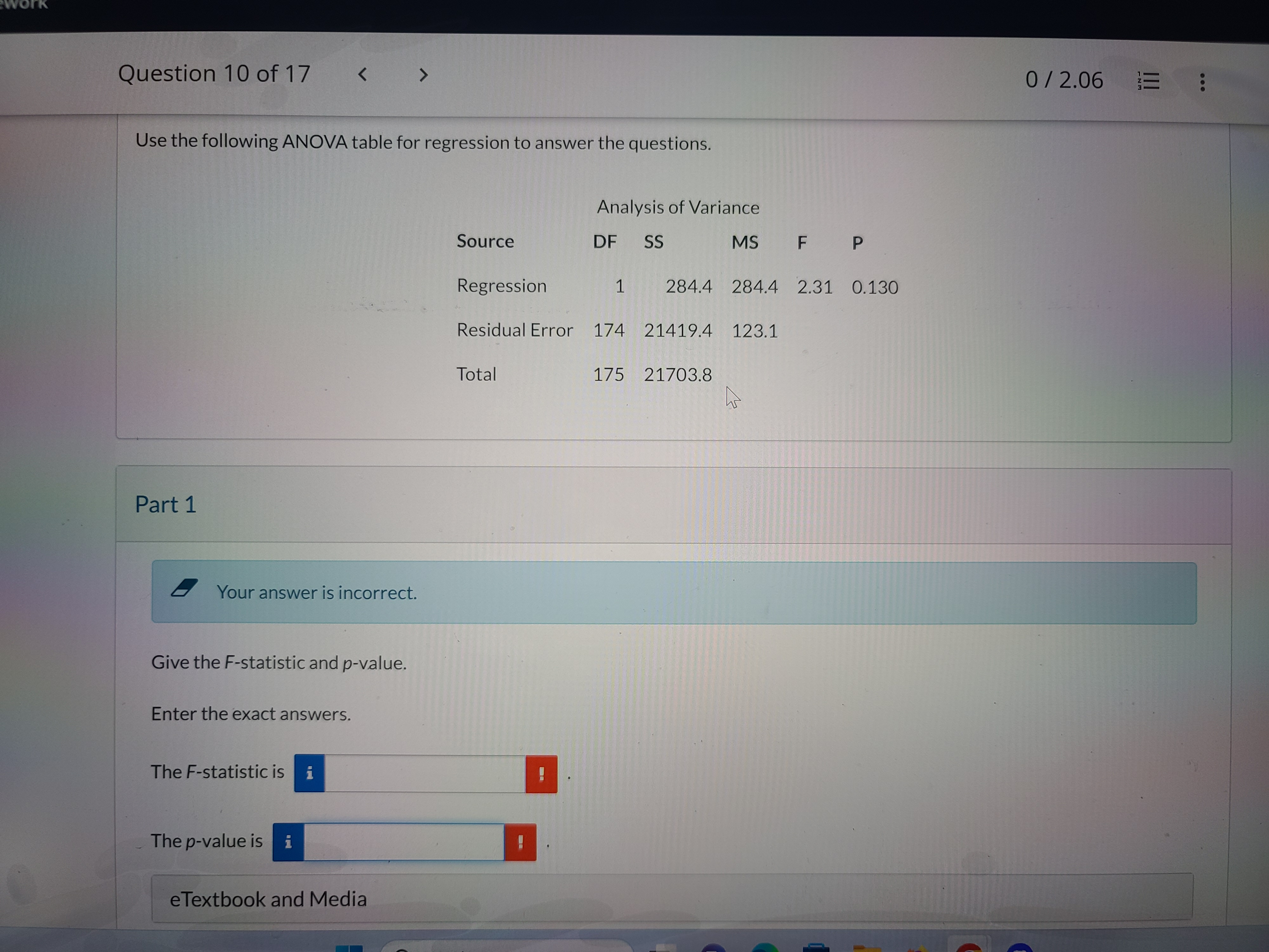 Solved Question 10 ﻿of 17Use the following ANOVA table for | Chegg.com