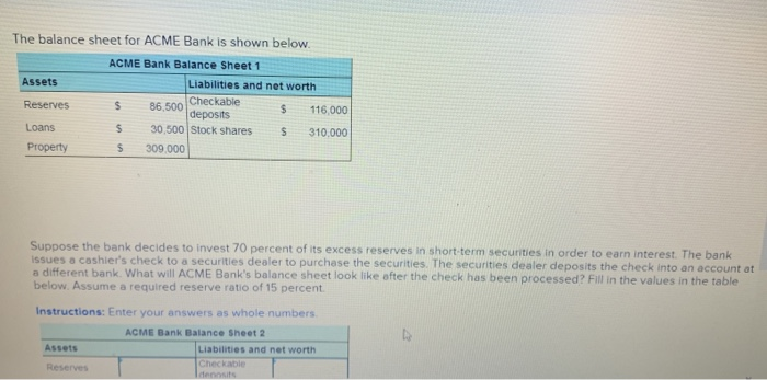 Solved The balance sheet for ACME Bank is shown below ACME | Chegg.com