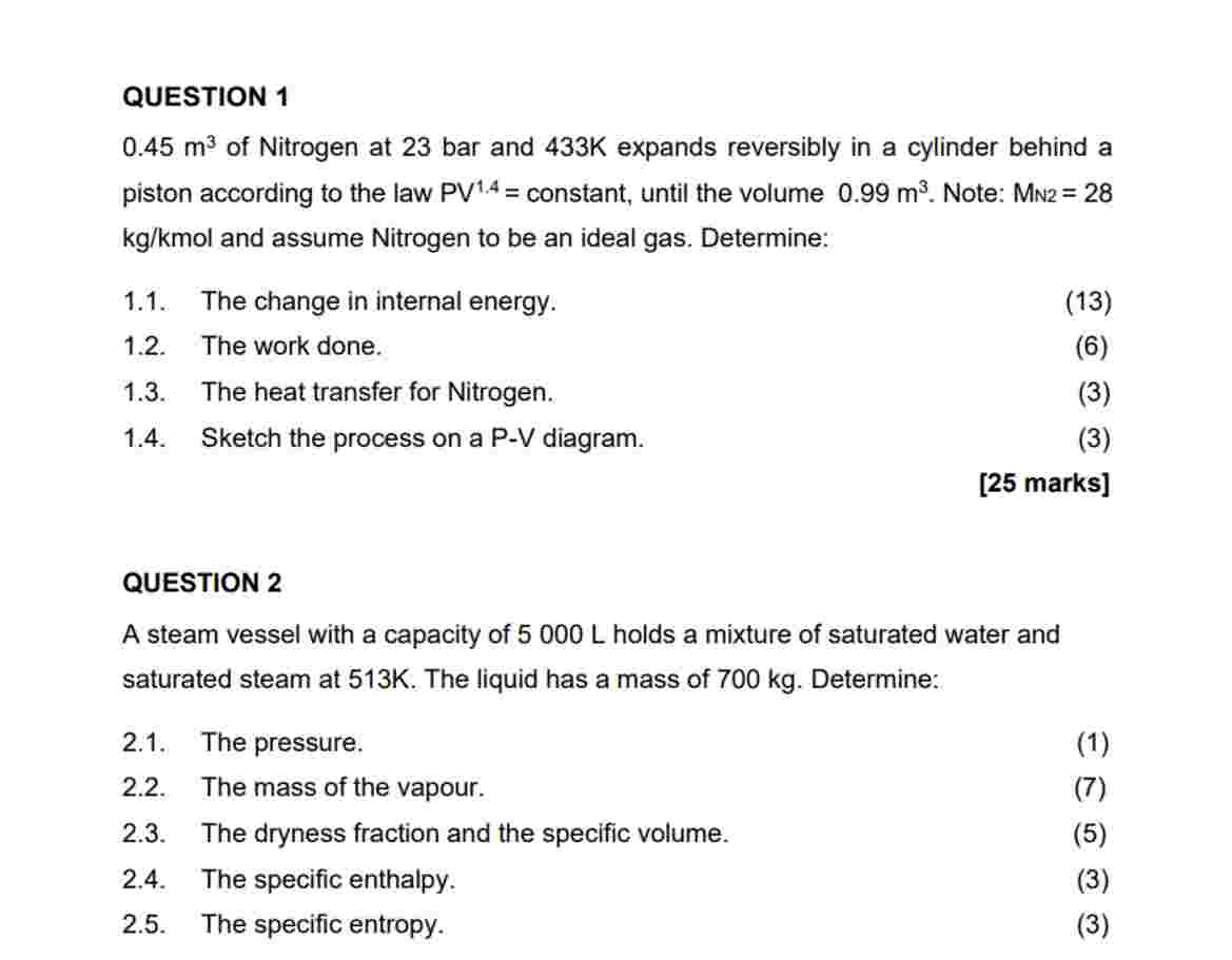 Solved QUESTION 1 \( 0.45 \mathrm{~m}^{3} \) ﻿of Nitrogen at | Chegg.com