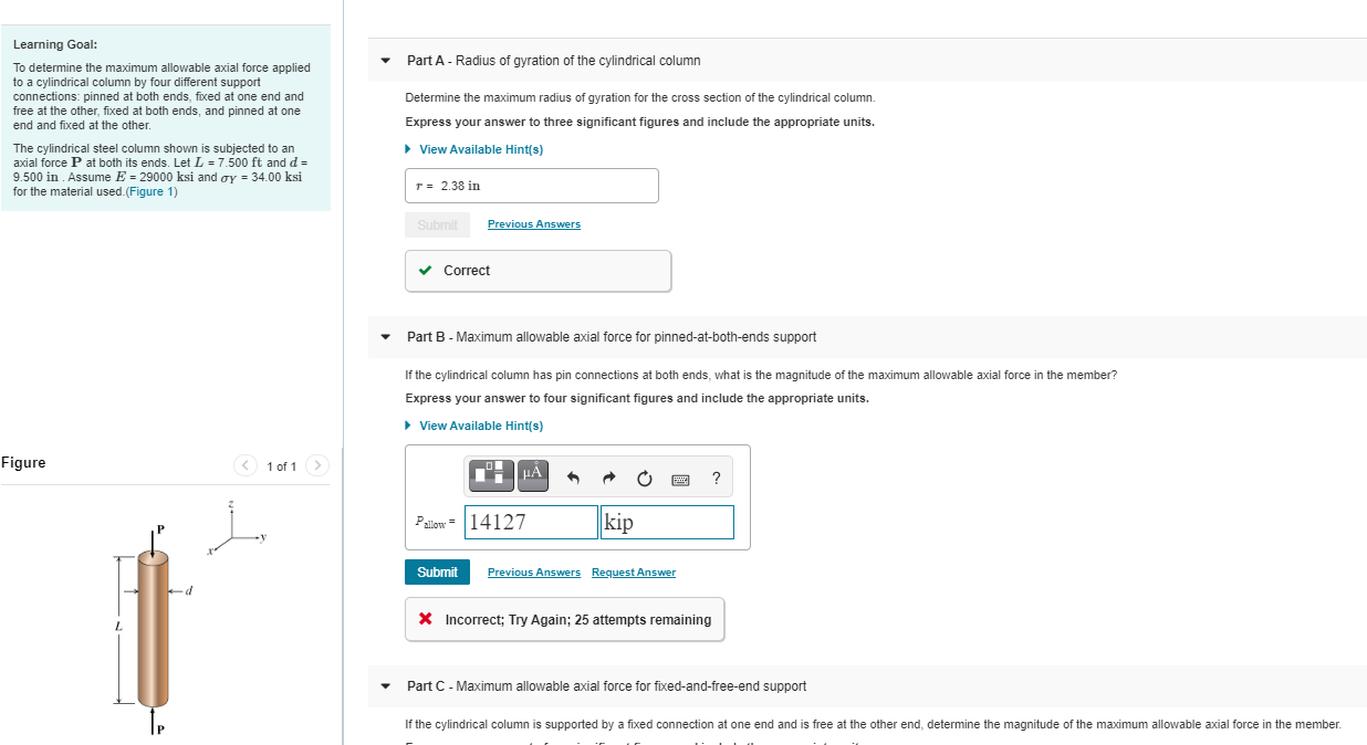Solved Part A - Radius of gyration of the cylindrical column | Chegg.com