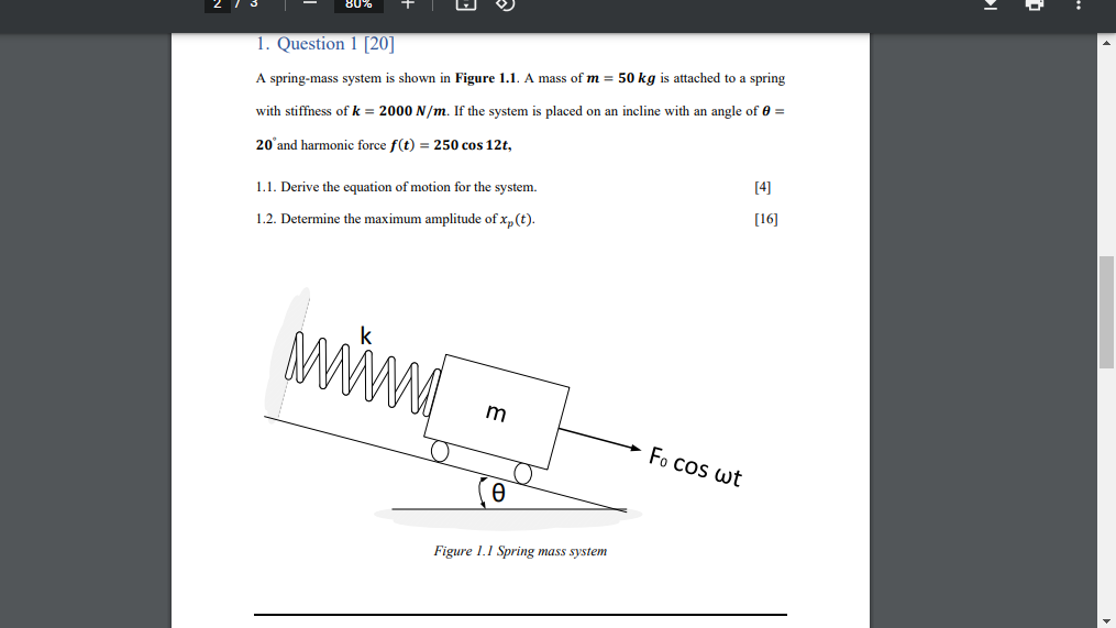 Solved 807 - 1. Question 1 [20] A spring-mass system is | Chegg.com