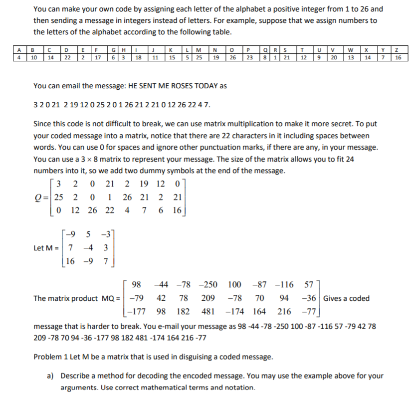 Solved You can make your own code by assigning each letter | Chegg.com