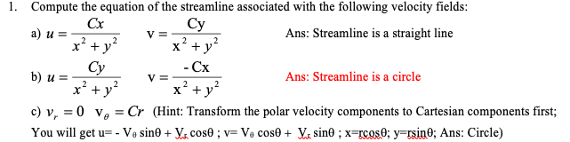 Solved 1. Compute the equation of the streamline associated | Chegg.com