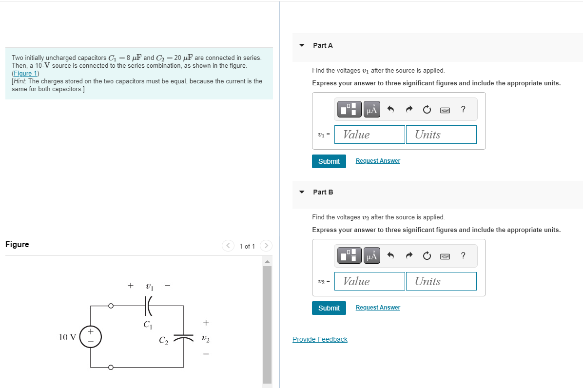 Solved Two initially uncharged capacitors C1=8μF and C2=20μF | Chegg.com