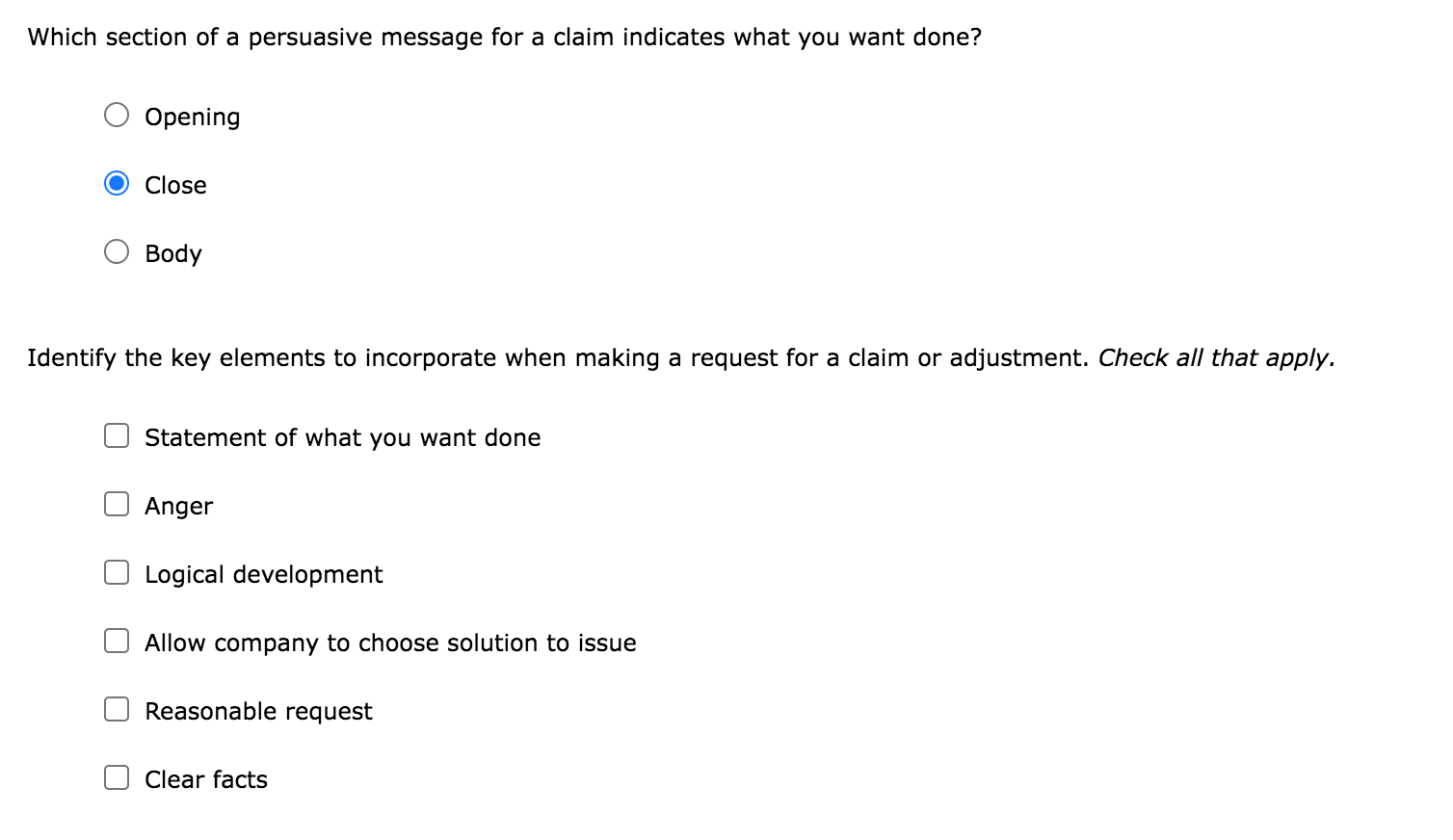 Solved Which section of a persuasive message for a claim | Chegg.com