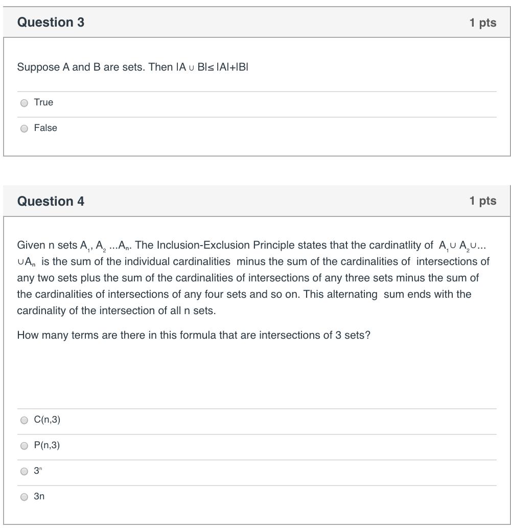 Solved Question 3 1 pts Suppose A and B are sets. Then IA u | Chegg.com