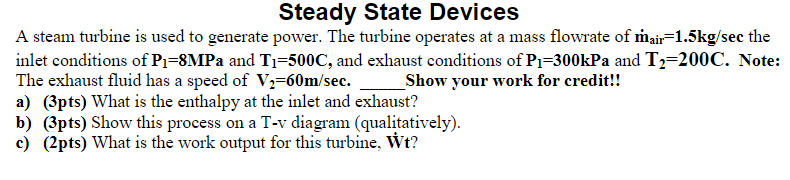 Solved Steady State Devices A steam turbine is used to | Chegg.com