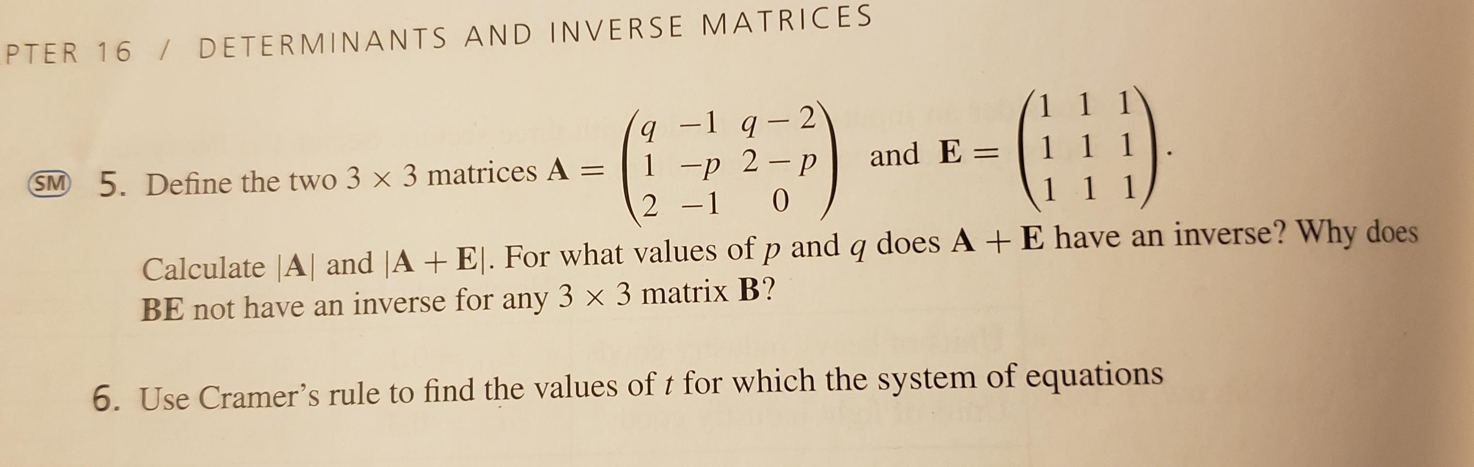 Solved PTER 16 / DETERMINANTS AND INVERSE MATRICES - - 9 = - | Chegg.com