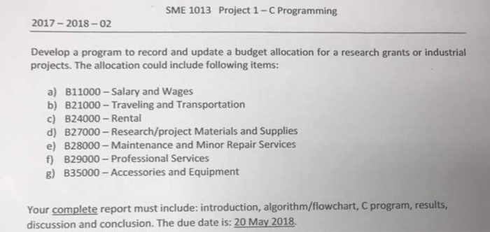 Solved SME 1013 Project 1-C Programming 2017-2018-02 Develop | Chegg.com