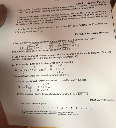 Solved Part 1. Random Events 1. In an exam, & multiple | Chegg.com