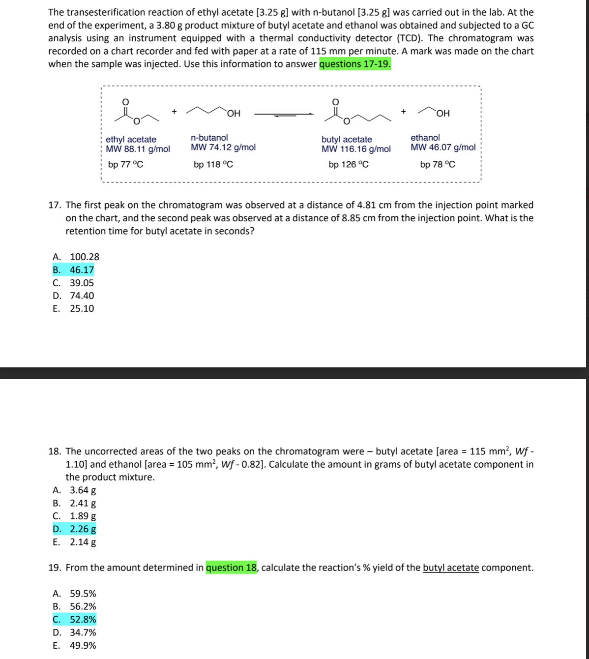 Solved The transesterification reaction of ethyl acetate | Chegg.com