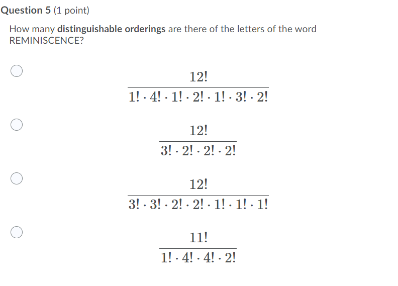 Solved Question 5 (1 point) How many distinguishable | Chegg.com