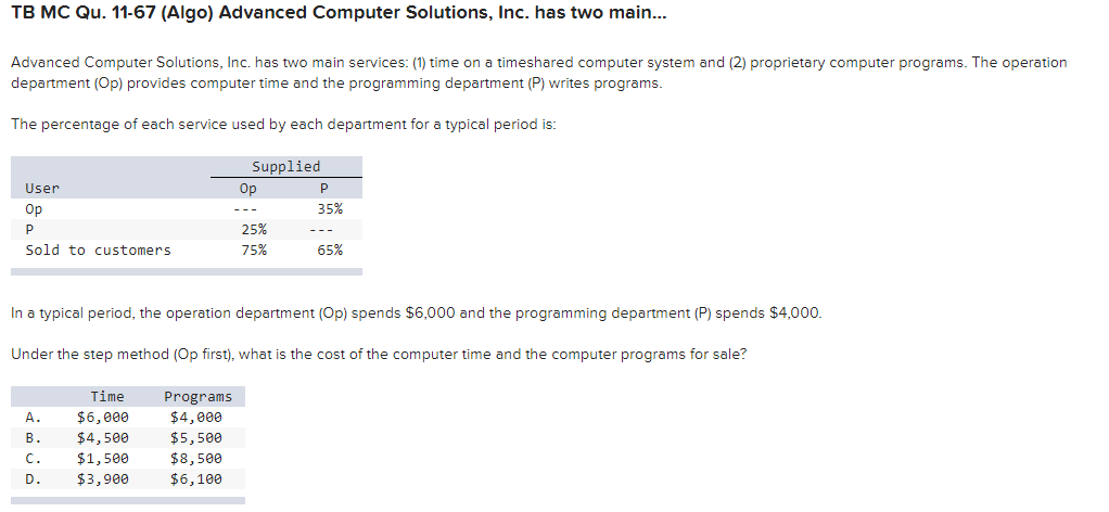 Solved TB MC Qu. 11-67 (Algo) Advanced Computer Solutions, | Chegg.com
