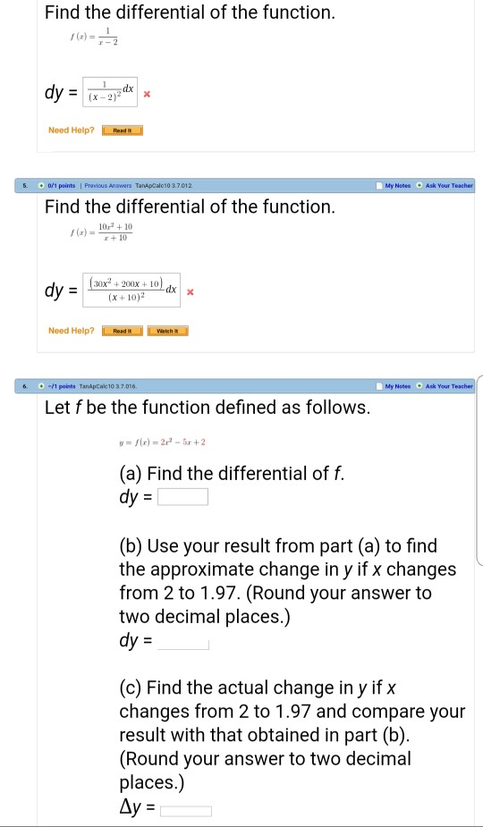 Solved Find the differential of the function. Find the | Chegg.com