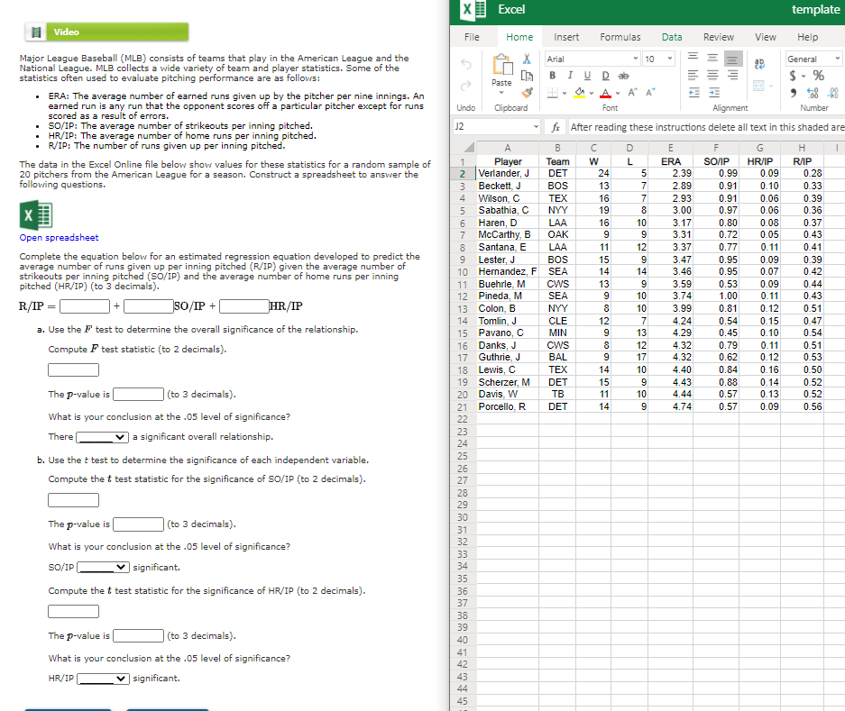 Solved х Excel Template Video File Home Insert Formulas Data 