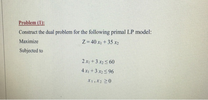 Solved Construct the dual problem for the following primal | Chegg.com