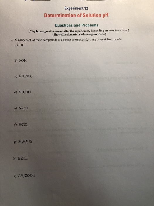 Solved Experiment 12 Determination of Solution pH Questions | Chegg.com