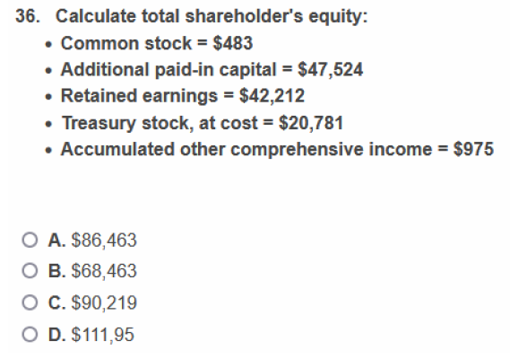 Solved 36. Calculate total shareholder's equity: - Common | Chegg.com