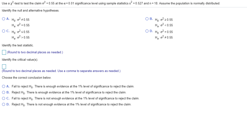 Solved Use a y-test to test the claim o2 = 0.55 at the a = | Chegg.com