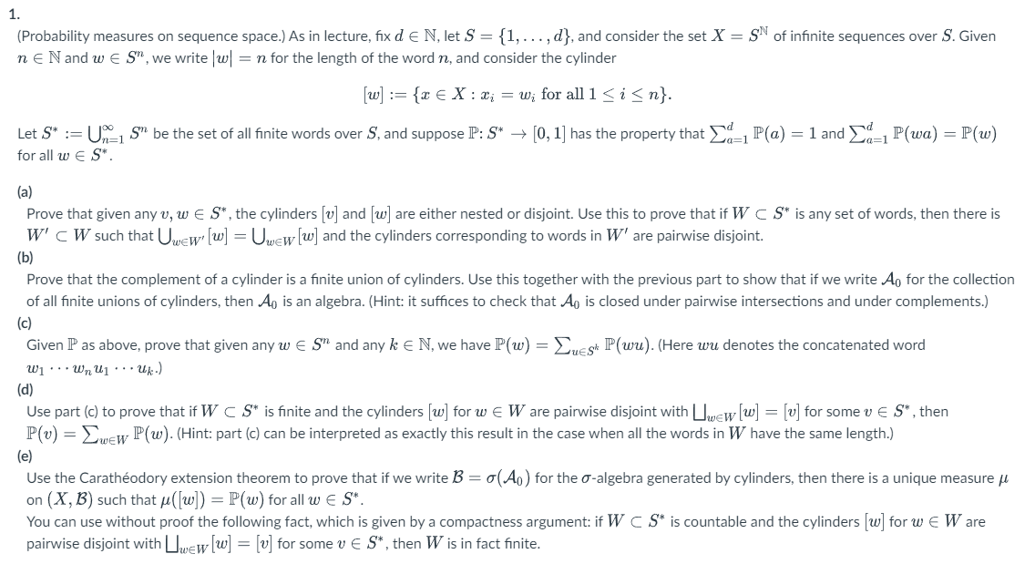 Solved 1. (Probability measures on sequence space.) As in | Chegg.com