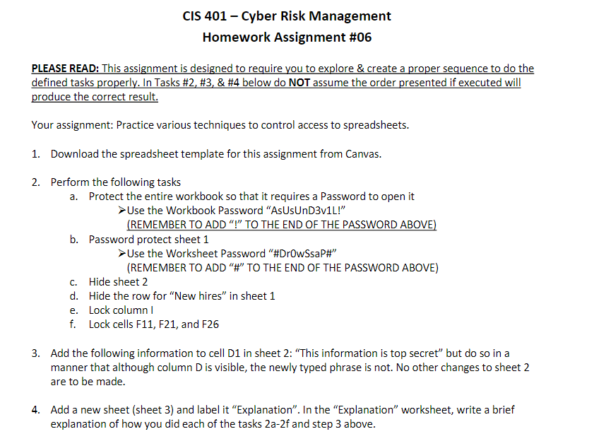 CIS 401 - Cyber Risk Management Homework Assignment | Chegg.com