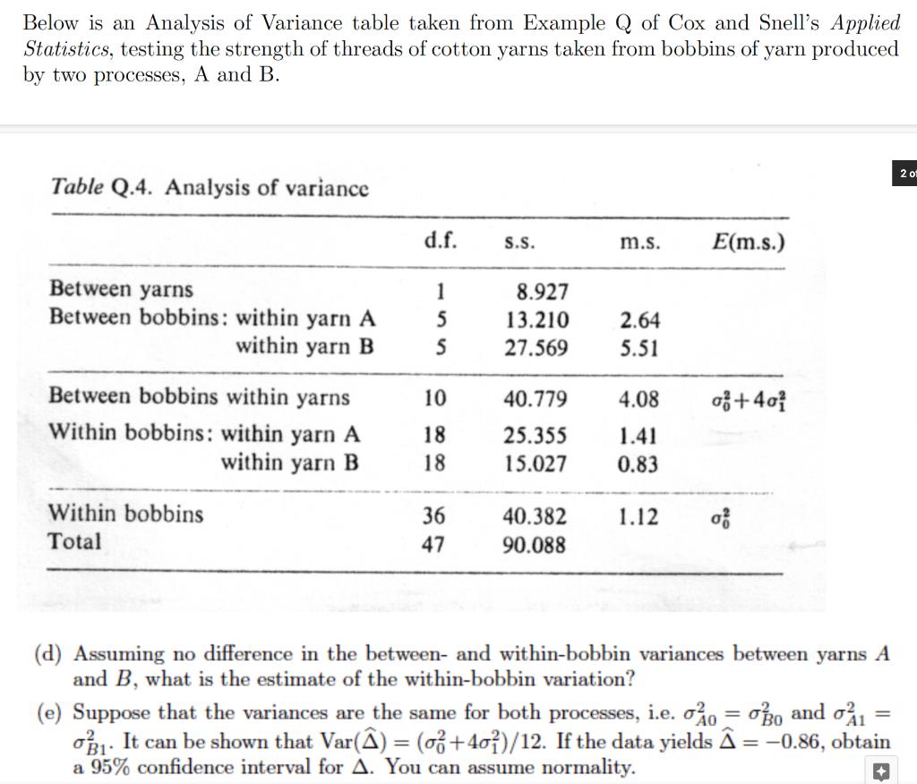 Below is an Analysis of Variance table taken from | Chegg.com