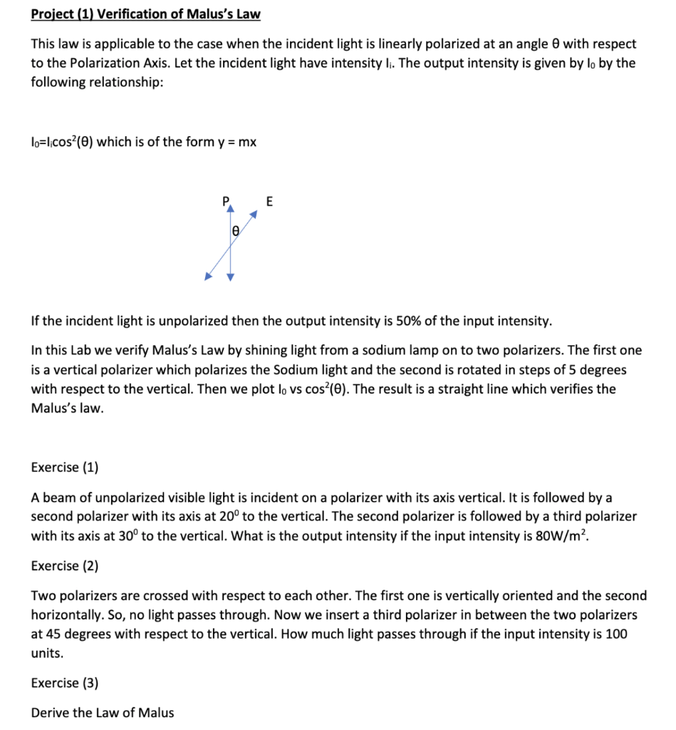 Solved Project (1) Verification of Malus's Law This law is | Chegg.com