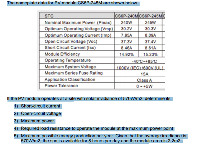 The nameplate data for PV module CS6P-245M are shown | Chegg.com