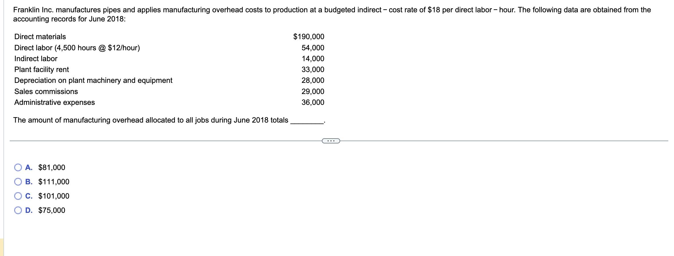 Solved A. $81,000 B. $111,000 C. $101,000 D. $75,000 | Chegg.com