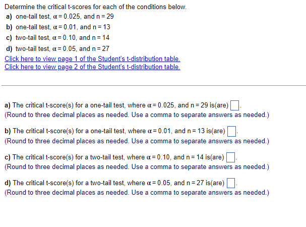 Solved Determine the critical t-scores for each of the | Chegg.com