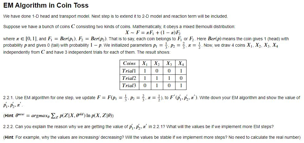 EM Algorithm in Coin Toss We have done 1-D head and | Chegg.com