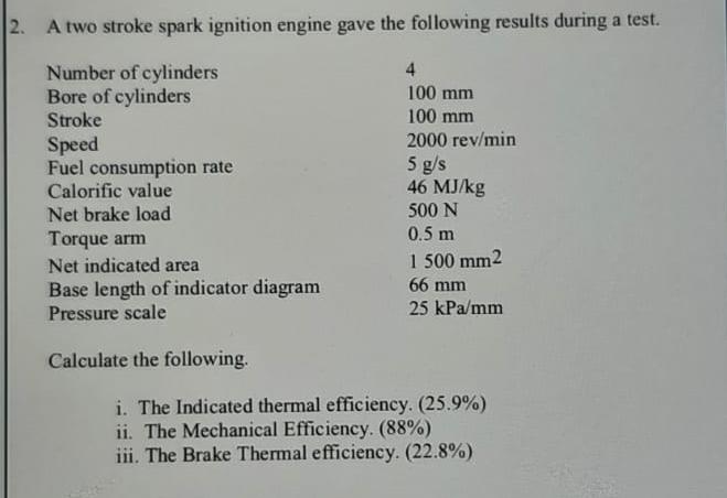 Solved A two stroke spark ignition engine gave the following | Chegg.com