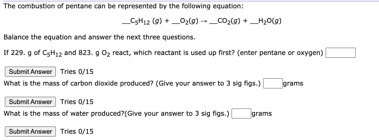 Solved The combustion of pentane can be represented by the | Chegg.com