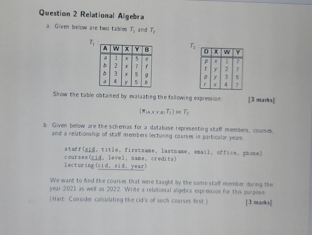 a. Given below are two tables T1 and T2. b. Given | Chegg.com