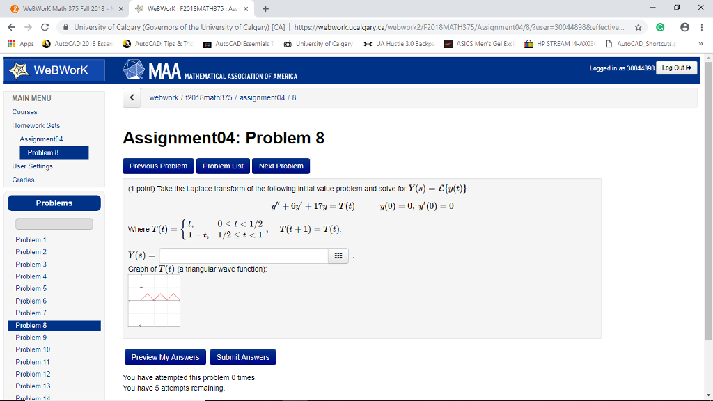 Solved D WeBWorK Math 375 Fall 2018- × 彀WeBWorK : F201 | Chegg.com