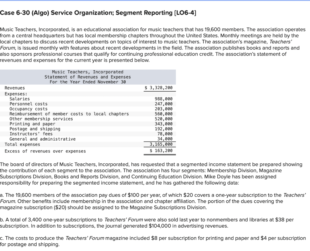 Solved Case 6-30 (Algo) Service Organization; Segment | Chegg.com