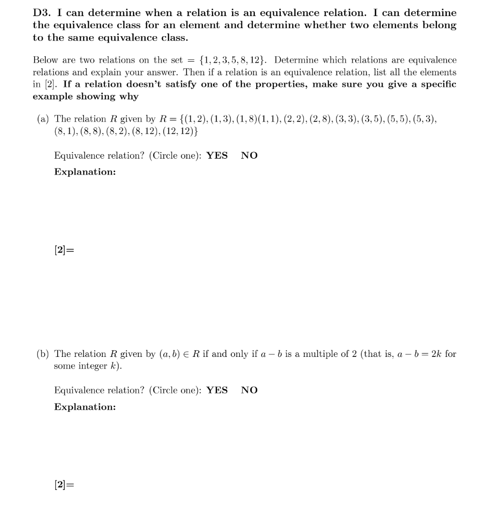 Solved D3. I can determine when a relation is an equivalence | Chegg.com
