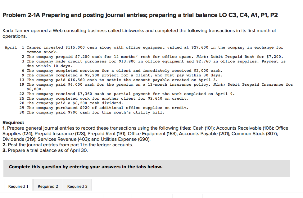 Solved Problem 2-1A Preparing and posting journal entries; | Chegg.com